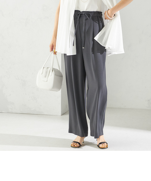 接触冷感 / 手洗い可能〉アセテート混 バック サテン ワイド パンツ