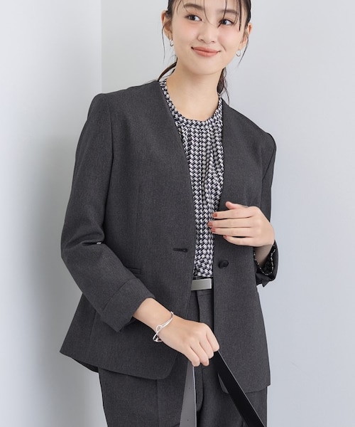 定番スーツ／ウール混】ピンストライプノーカラージャケット